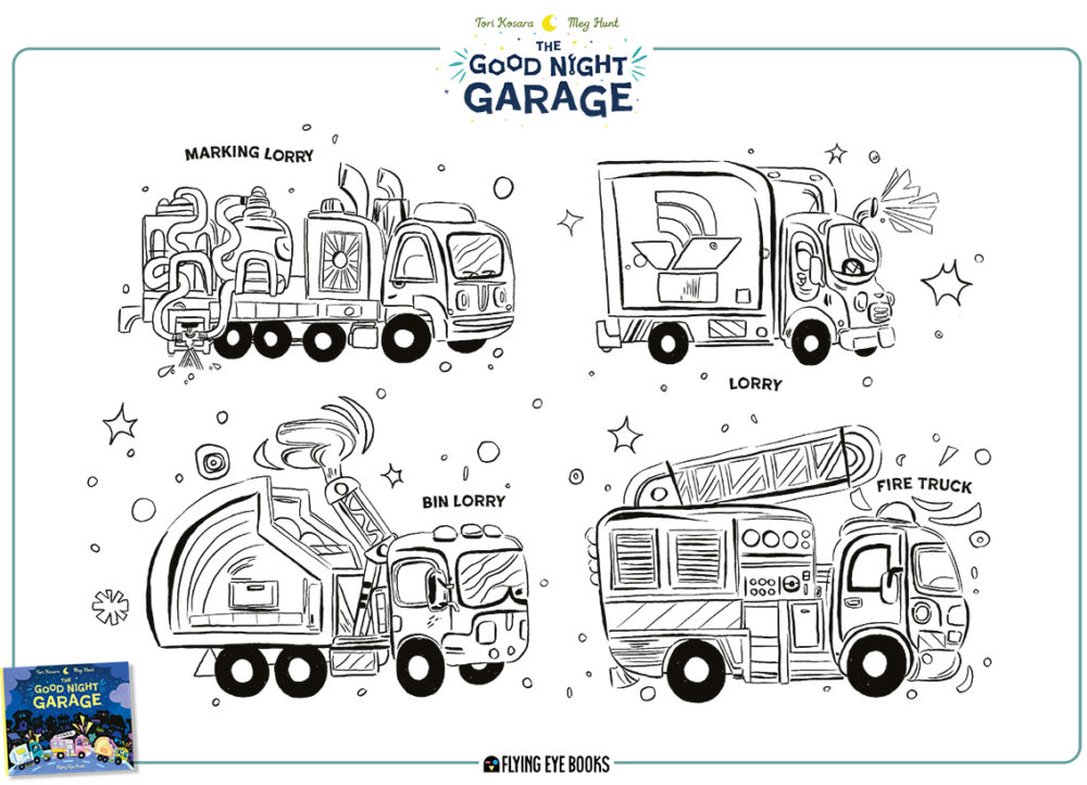 The Good Night Garage Colouring Sheets – Flying Eye Books